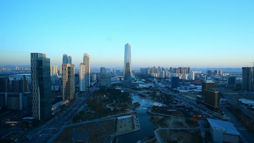 Skyline of Incheon and landscape from Songdo Central park, South Korea ...