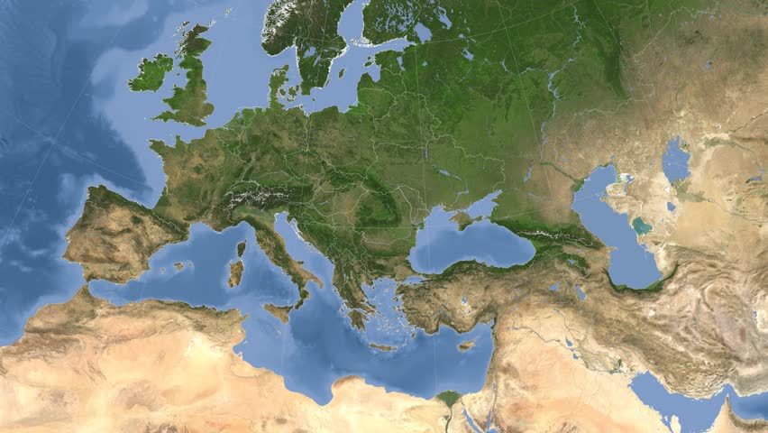 Night To Day - Rotating Earth. Zoom In On Romania Outlined. Satellite ...
