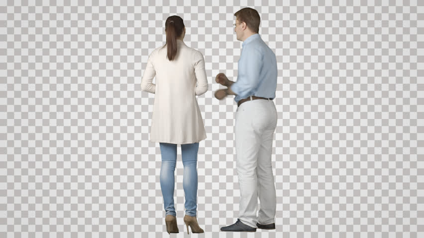 3 People: Man, Woman & Girl Stand Side By Side, Wait, Talk. Back View ...
