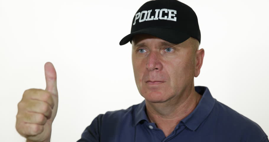 Policeman Looking Camera Police Man Hand Gesture Thumbs Up American Cop Portrait Ultra High