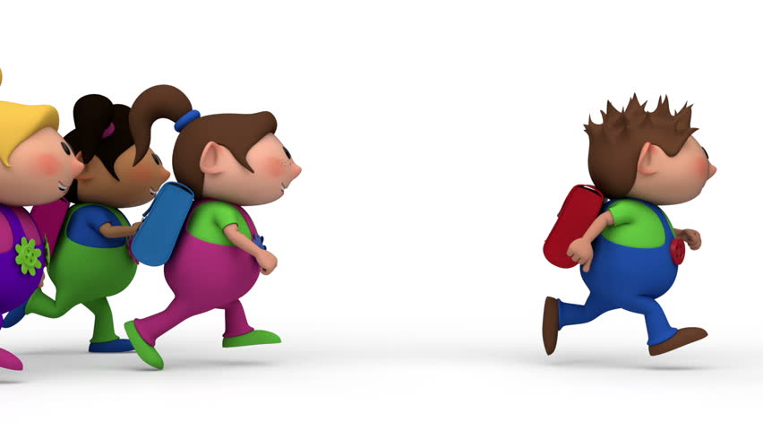 Cute Cartoon Children Running Along A Suburban Street - High Quality 3d ...