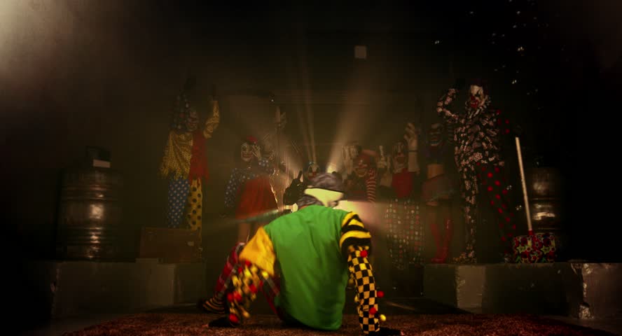 A Group Of Clowns. Two Clown Acrobat Dance Break Dance. Halloween Party ...