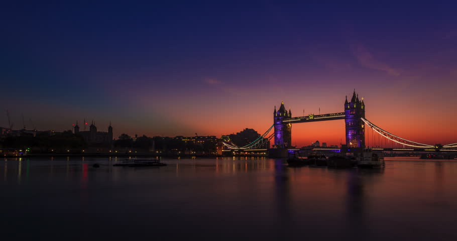 London Tower Bridge With Purple Sunset In The Background. Stock Footage ...
