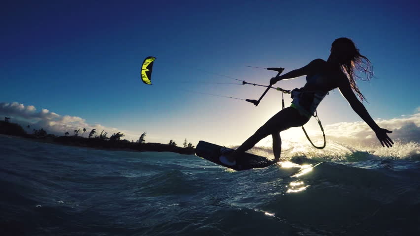 Extreme Kitesurfing Girl at Sunset. Stock Footage Video (100% Royalty ...