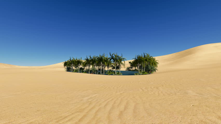 3d Animation - Oasis In A Desert, Dark Blue Clear Water Surrounded By ...