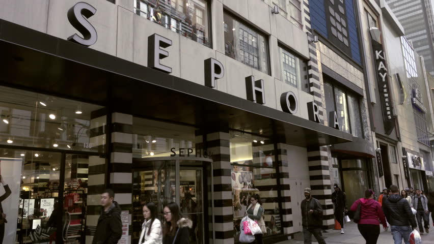 New York, New York, USA - March 1, 2016: People Walk By The Sephora ...