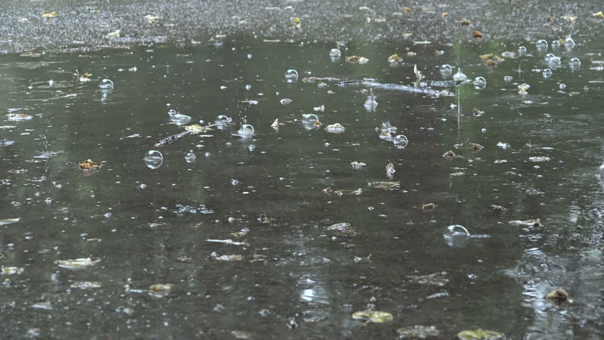 Water In Puddle And Rainfall Rain Drops Fall Forming Big Air Bubbles ...