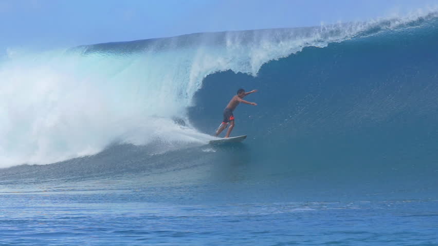SLOW MOTION: Cheerful Extreme Pro Surfer Surfing Big Tube Barrel Wave ...