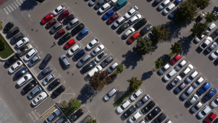 Aerial Top Down View Flying Sideways Over New Car Storage Parking Lot ...