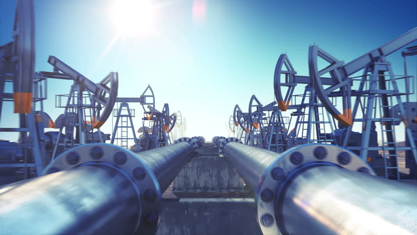 Oil Pump Jacks And Oil-Pipeline. Sun Shining In The Blue Sky. Looped 3d ...