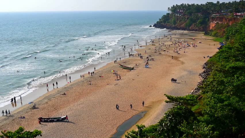 Red Cliffs With Palm Trees And Surf, A Beach In Edava Village, Near ...