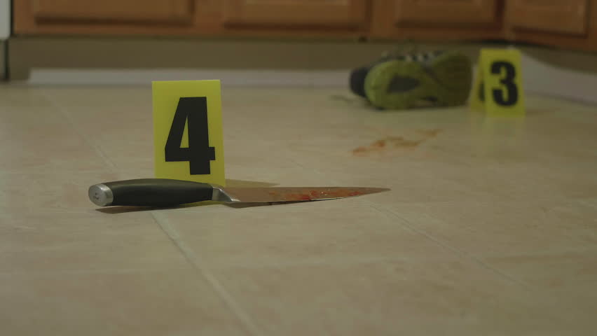 Crime Scene In Home Kitchen. CSI Markers And Evidence On Floor. Stock ...