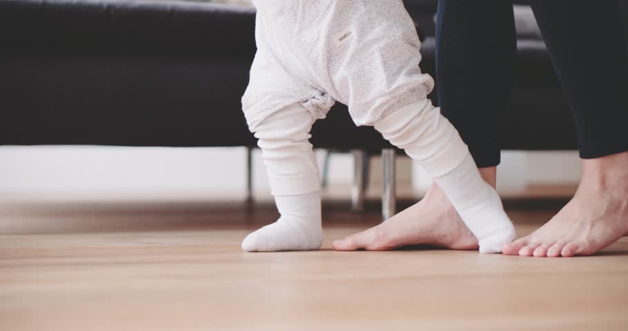 Baby First Steps, Slow Motion 120 Fps, 4K DCi. Mother Is Teaching Her ...