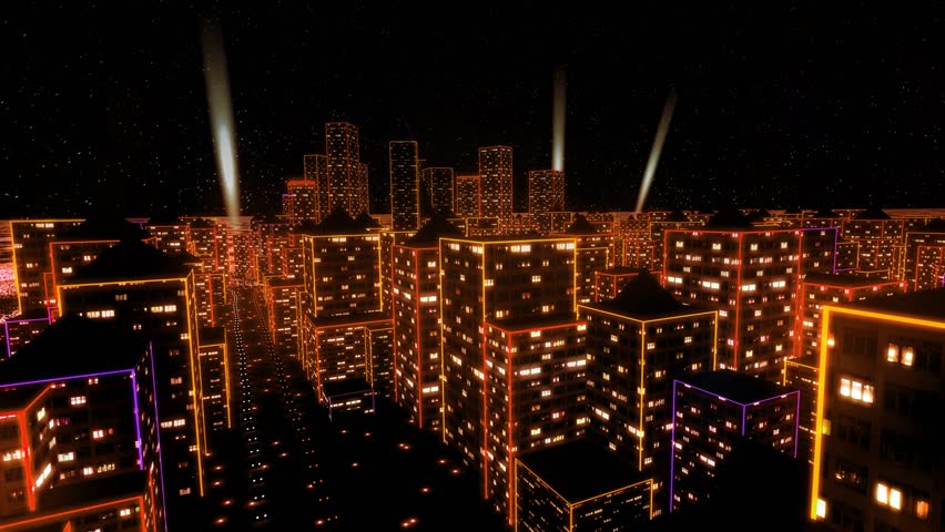 Neon City Fly Over Urban Skyscraper Glow Computer Tron Matrix 4k Stock ...