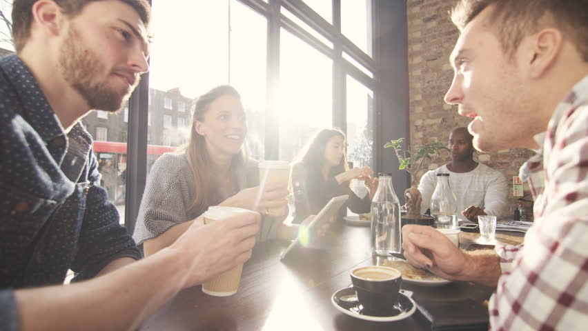 4K Happy Group Of Friends Chatting & Having Drinks In City Coffee Shop ...