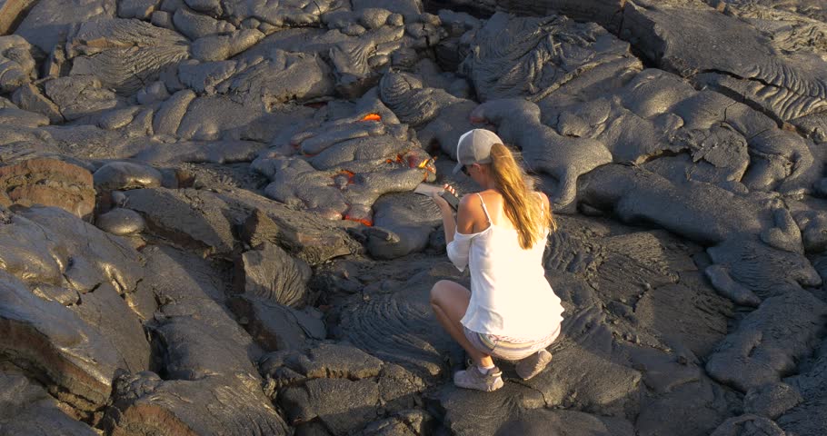 Hiking Girl Taking Picture With Flowing Lava In Kilauea Volcano Hawaii ...