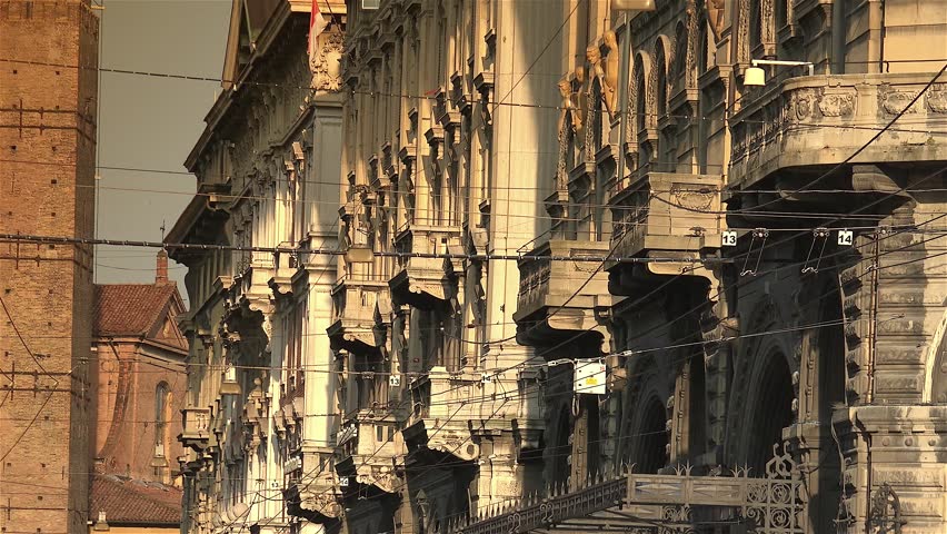 Bologna, Italy - Circa 2016: Via Rizzoli Street View With Famous Two ...