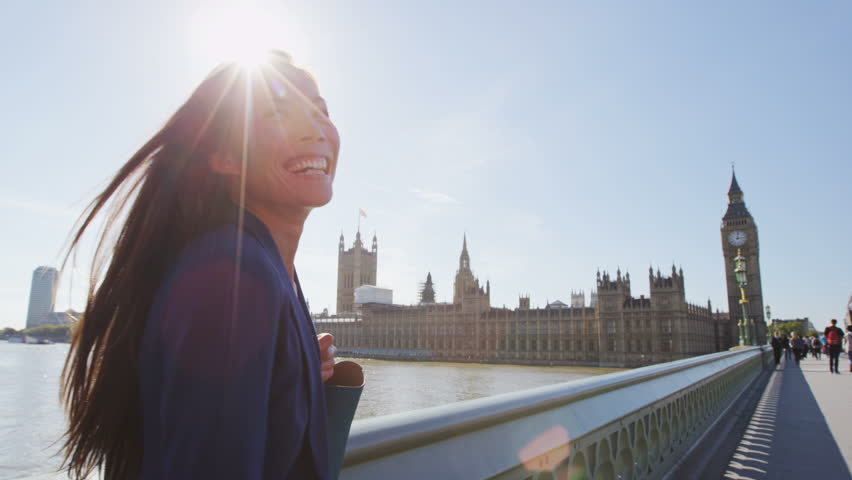 People In London - Woman Happy By Tower Bridge. Multicultural Young ...