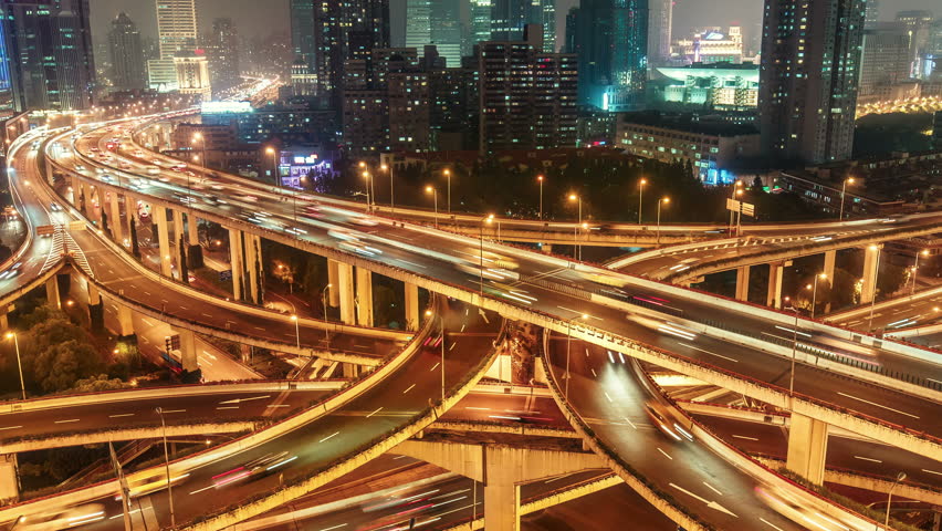 Complex Highways In Shanghai, China, At Night. Scenic Aerial View Of ...