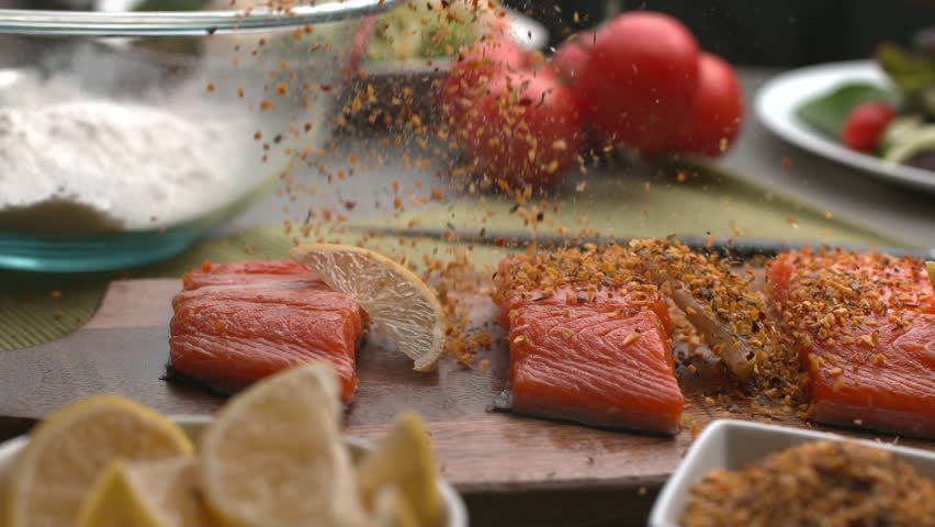 Seasoning Falling Onto Salmon Fish Stock Footage Video (100% Royalty ...
