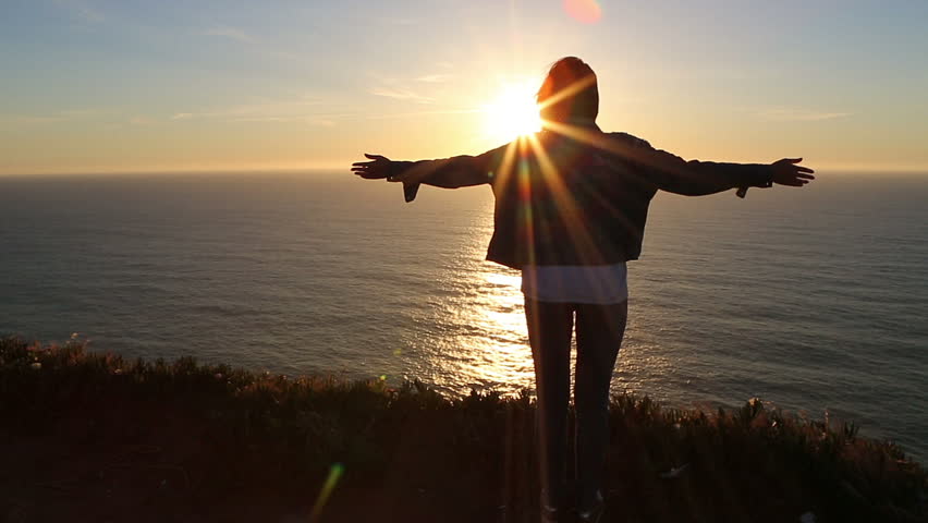 Slow Motion Scene Of Successful Tourist Enjoying Scenic Sunset ...