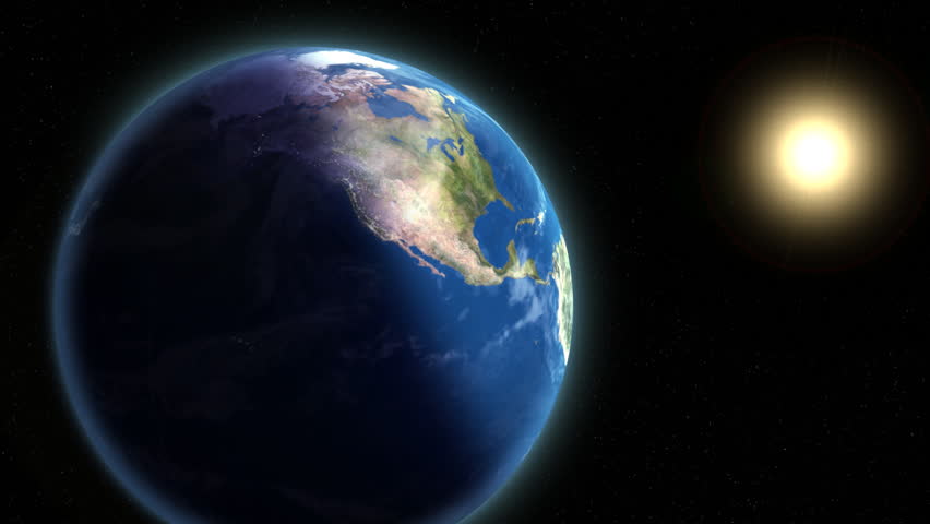 Flying To The Earth At Night To New York, United States, With Sun At ...