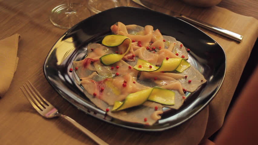 Seafood Appetizer, Swordfish Carpaccio with Stock Footage Video (100% ...
