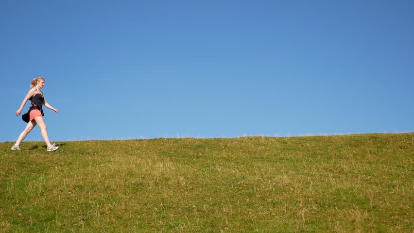 Wide Shot Man Running On Hill In Slow Motion. Beautiful Nature ...
