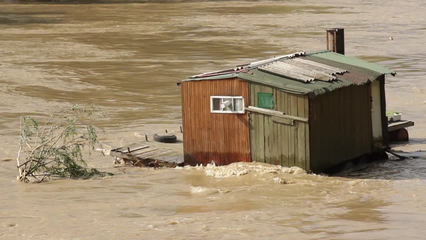 Beautiful Landscape Of Flood River And Submerged Hut To The Roof ...