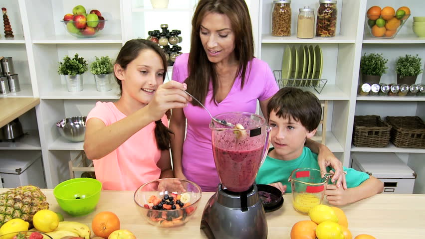Happy Caucasian Mom Children Blender Fresh Fruit Juice - Caucasian ...