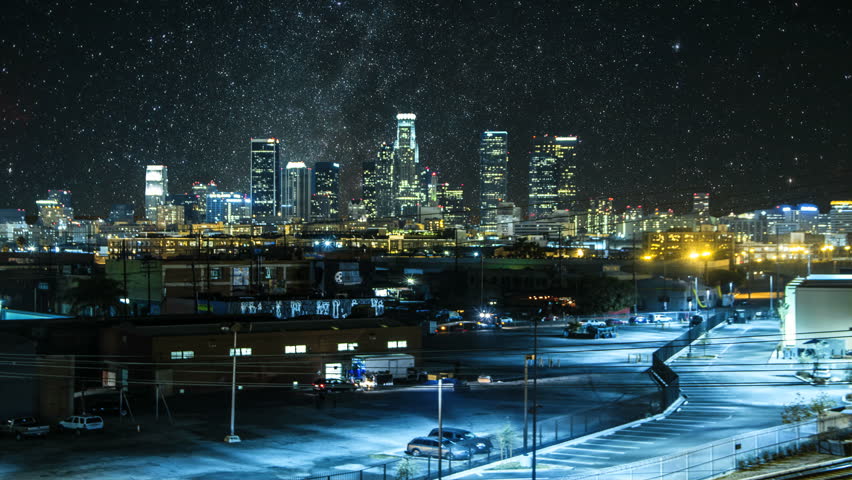 Night Sky Stars And Milky Way Pass Over Downtown Los Angeles In City ...