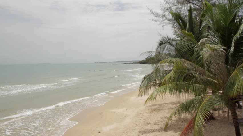 High-shot Of The Beach With Palm Trees Blowing In The Wind. Waves ...