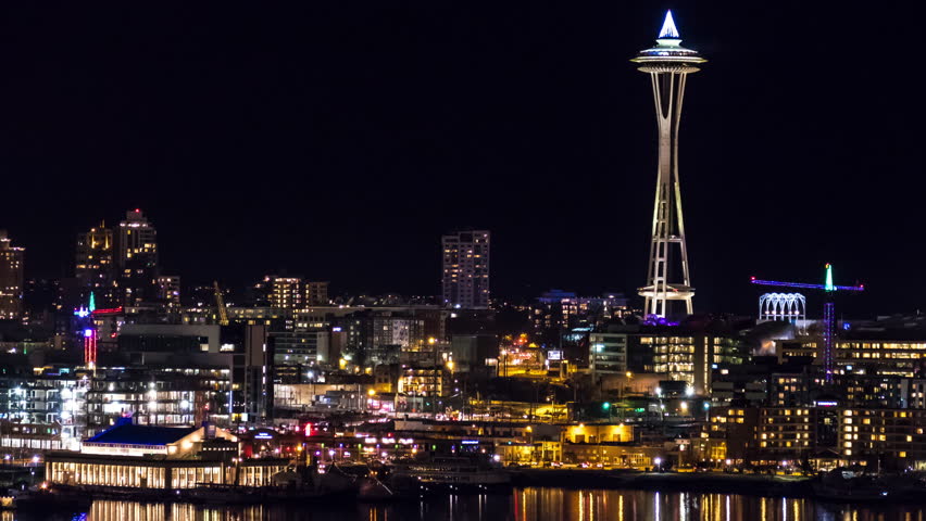 Seattle Waterfront at Night with Stock Footage Video (100% Royalty-free ...