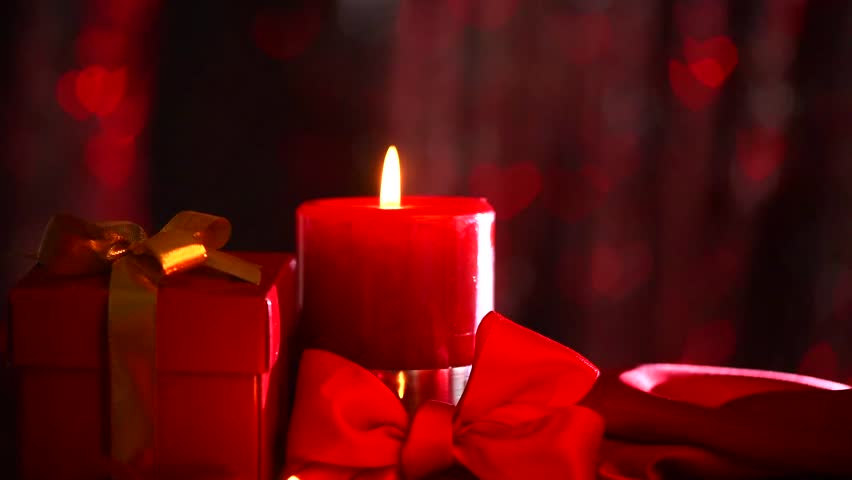 Valentine's Day. Beautiful Valentine Scene With Red Hearts Candles ...