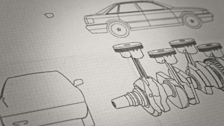 Car's Engine Plan Background. Blueprint Animation. Writing On Blueprint ...
