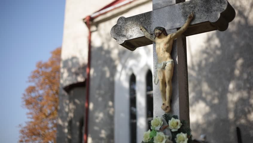 Crucifixion. Christian Cross With Crucified Jesus Christ Statue Over Dark Clouds Time Lapse ...